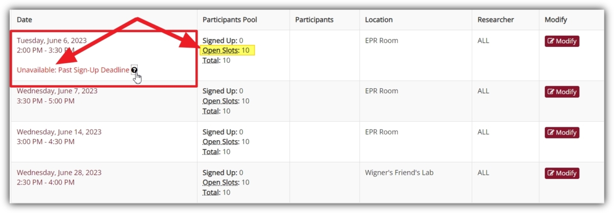 Sign-Up Deadlines and Timeslot Availability · Sona Systems