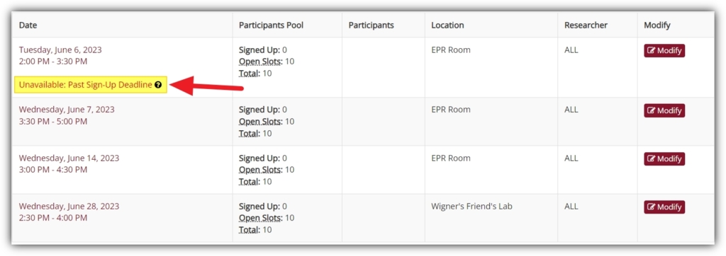 Sign-Up Deadlines and Timeslot Availability · Sona Systems