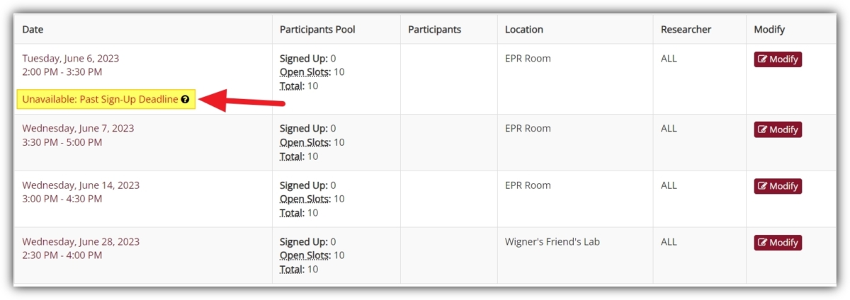 Sign-Up Deadlines and Timeslot Availability · Sona Systems